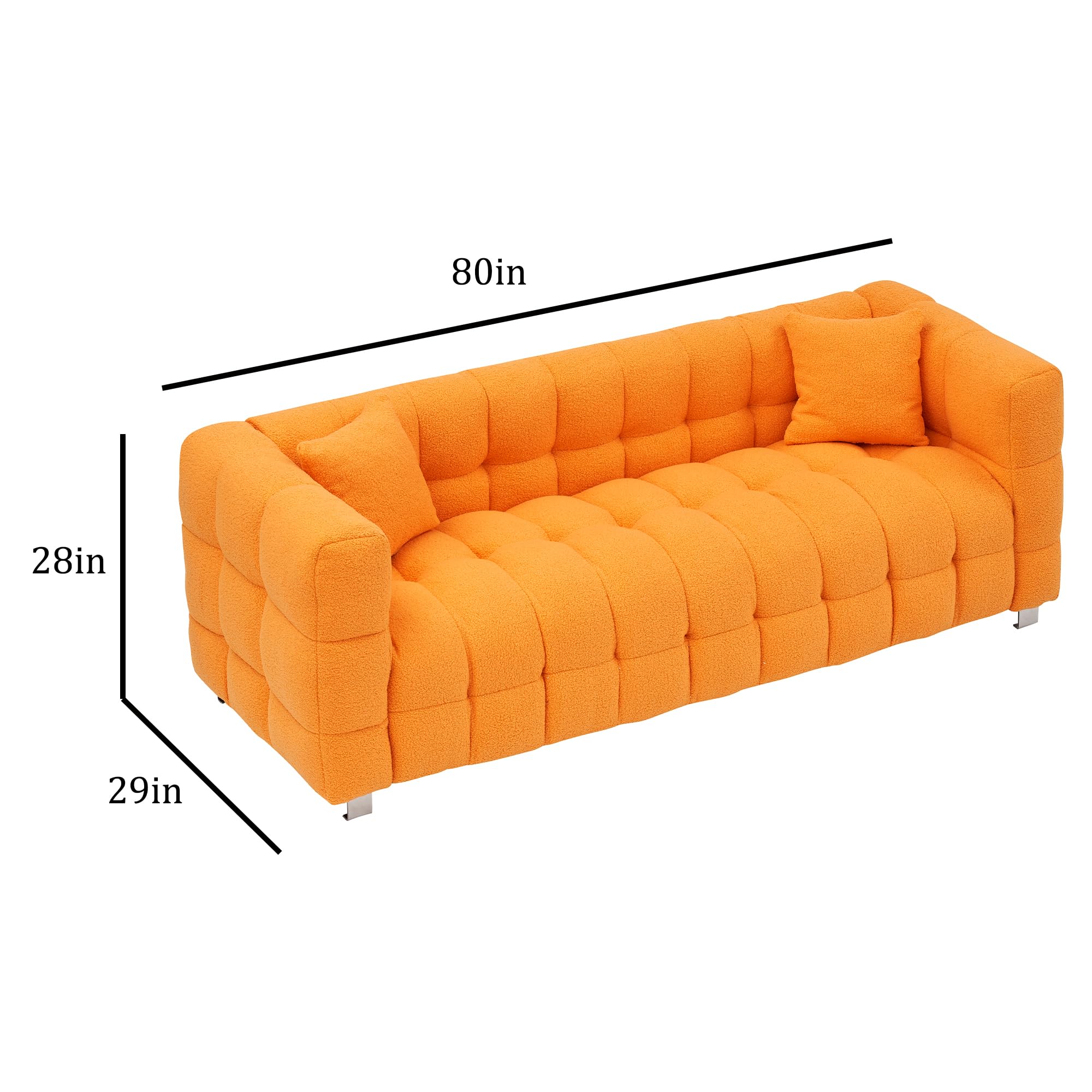 Dolonm Modern Sofa Couch with Metal Legs Upholstered Tufted 3 Seater Couch with 2 Pillows Decor Furniture for Living Room, Bedroom, Office, 80 Inch Wide(Orange-Teddy)