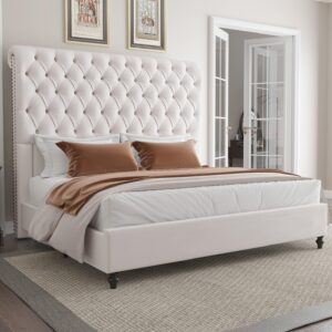 amerlife queen size bed frame 60" tall sleigh headboard bed with velvet upholstered platform, no box spring needed, cream