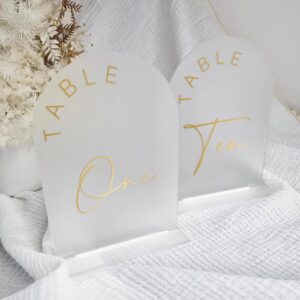 JINMURY Frosted Arch Wedding Table Numbers 1-10 with Stands, 5x7 Inch Frosted Acrylic Arch Sign with Gold Lettering, Frosted and gold Table Numbers for Wedding