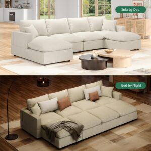 Intuition Decor Cloud Modular Sectional Sofa,Linen Sleeper Sofa Bed,95.4 "Down Filled 6 Seat Comfort Couches Sofa Cover Washable and Replaceable Couches for Living Room,Beige