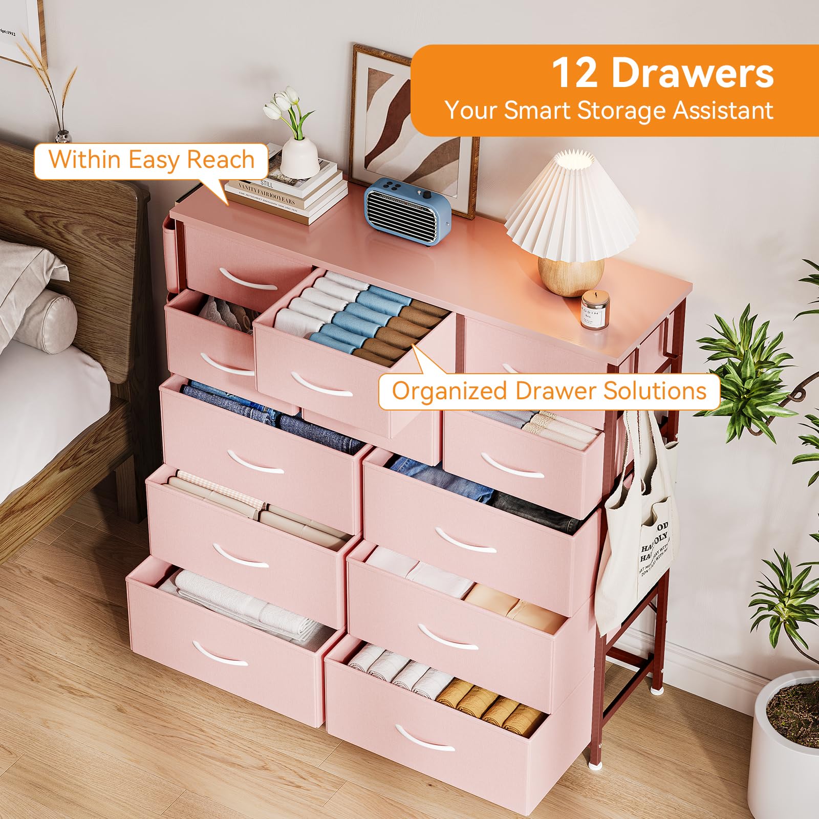 Pink 12 Drawer Dresser for Bedroom, Fabric Dressers & Chests of Drawers with Side Pockets, Chest of Drawers for Closet, Living Room, Closet, Hallway