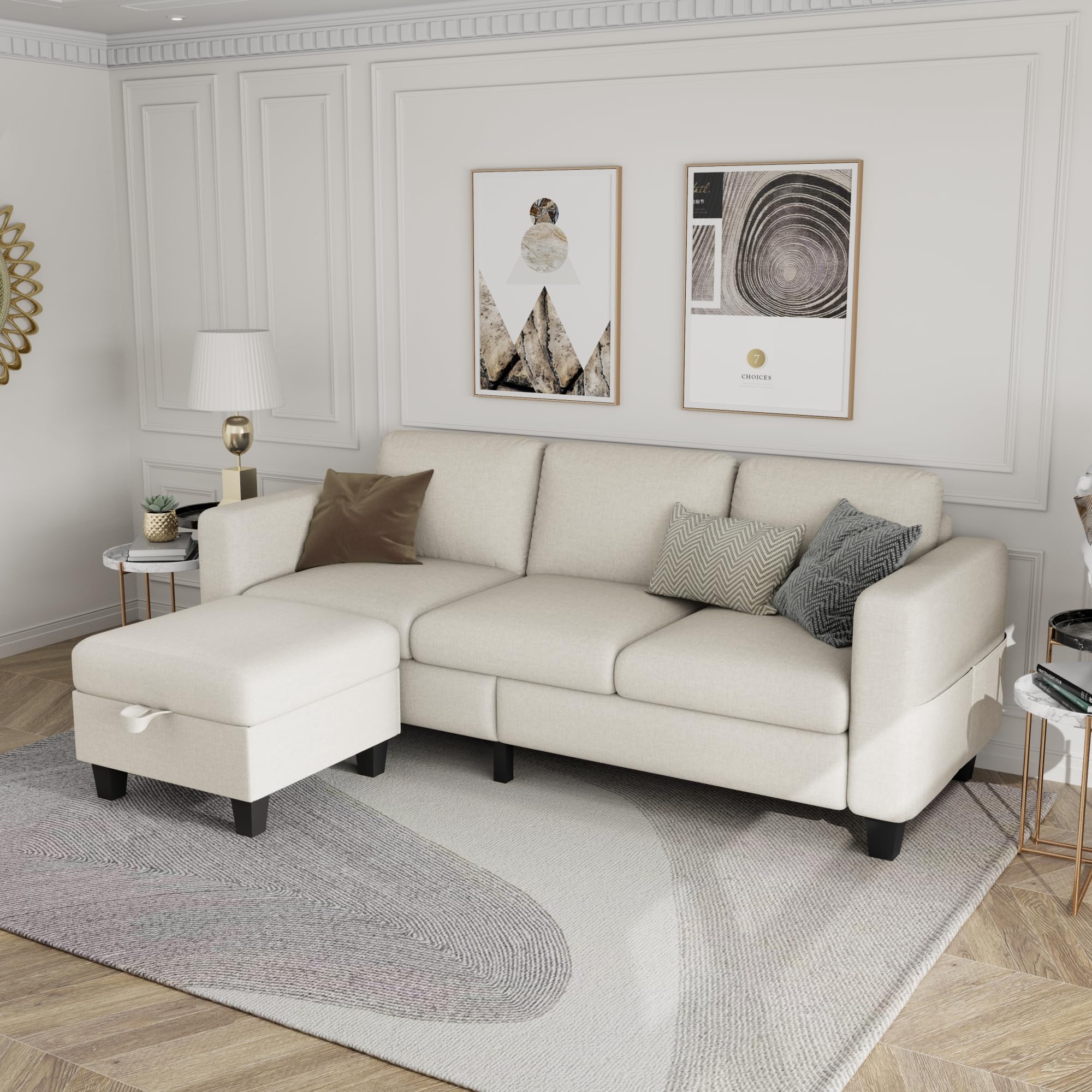 Couches for Living Room - Sectional Sofa L Shaped Cloud Couch-Small Modular 3 Seat-Comfy Linen with Storage Deep Seat Sofa,Washable Covers-Suitable for Living Room-Apartment-Office-Bedroom-Beige