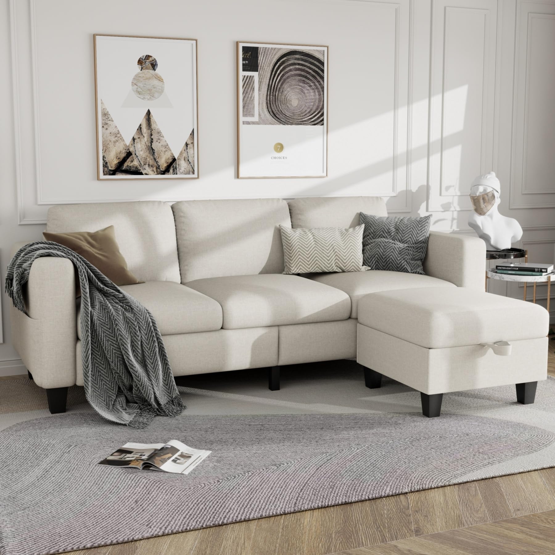 Couches for Living Room - Sectional Sofa L Shaped Cloud Couch-Small Modular 3 Seat-Comfy Linen with Storage Deep Seat Sofa,Washable Covers-Suitable for Living Room-Apartment-Office-Bedroom-Beige