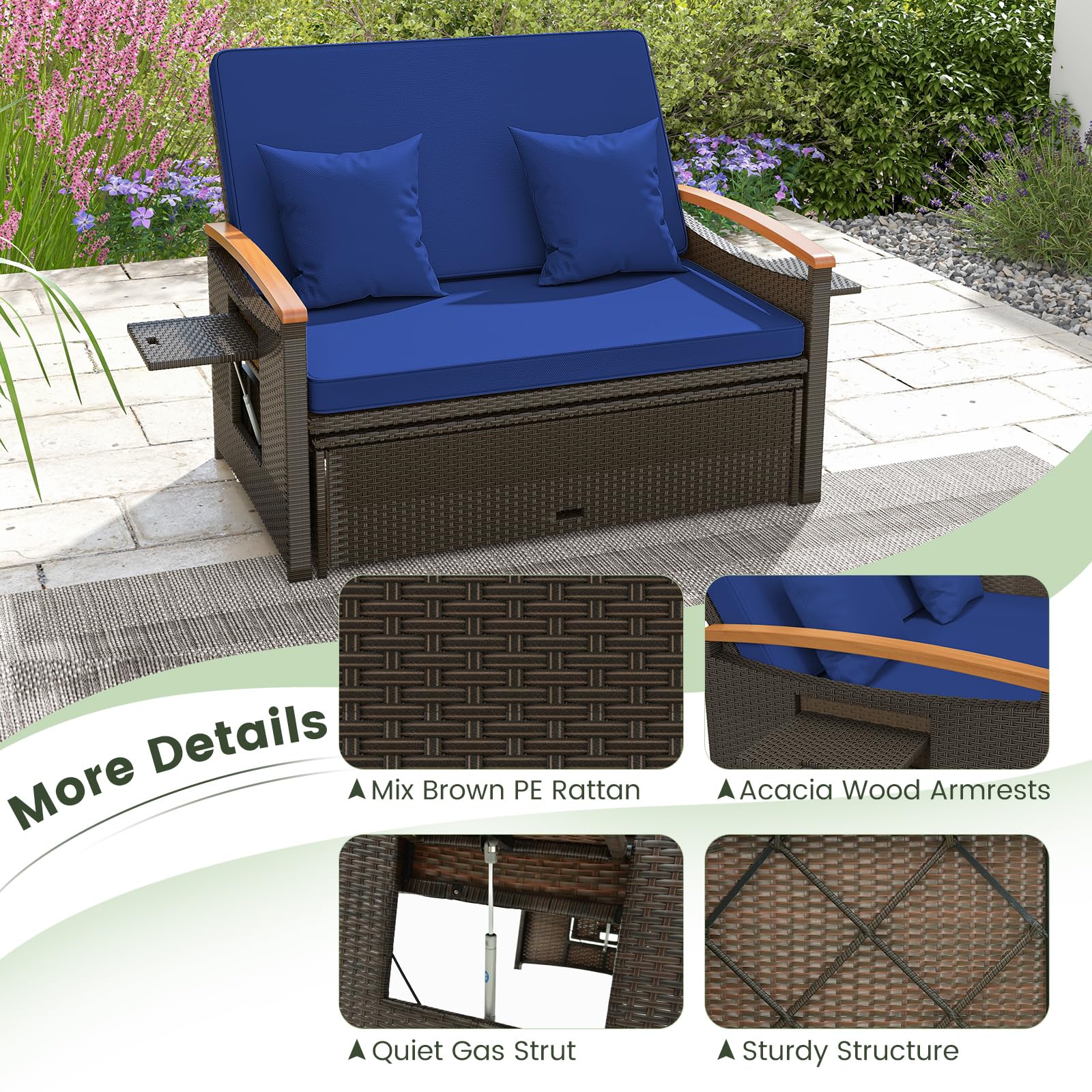 Moccha Outdoor Wicker Daybed, Patio Rattan Loveseat Sofa w/ 4-Level Adjustable Backrest, Folding Panels, Storage Ottoman & Cushions, Lounge Furniture Set for Poolside Backyard Porch (Navy)