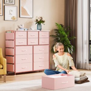 Pink 12 Drawer Dresser for Bedroom, Fabric Dressers & Chests of Drawers with Side Pockets, Chest of Drawers for Closet, Living Room, Closet, Hallway