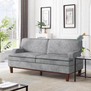 ebello 75” soft luxury corduroy fabric sofa, small 3 seat sofa for living room with padded seat, overstuffed backrest, solid wood frame small sofa for small space, apartment, grey