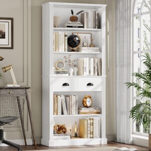 facbotall 5-tier bookcase, book shelf with 2 drawers, tall bookcase with shelves, vintage display storage shelves, bookshelves for bedroom, living room and home office white