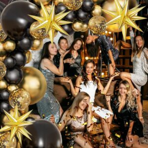 Black and Gold Balloon Arch Kit with 3pcs Starburst Balloons, 5 10 12 18 inch Black and Gold Garland Balloons for Graduation Bachelor Birthday Retirement Anniversary New Year Party Decorations