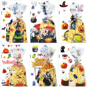 lanfixilly halloween cellophane treat bags, 150 pcs halloween candy bags, halloween treat bags, 6 styles halloween goodie bags gifts bags with twist ties for trick or treat party favors supplies