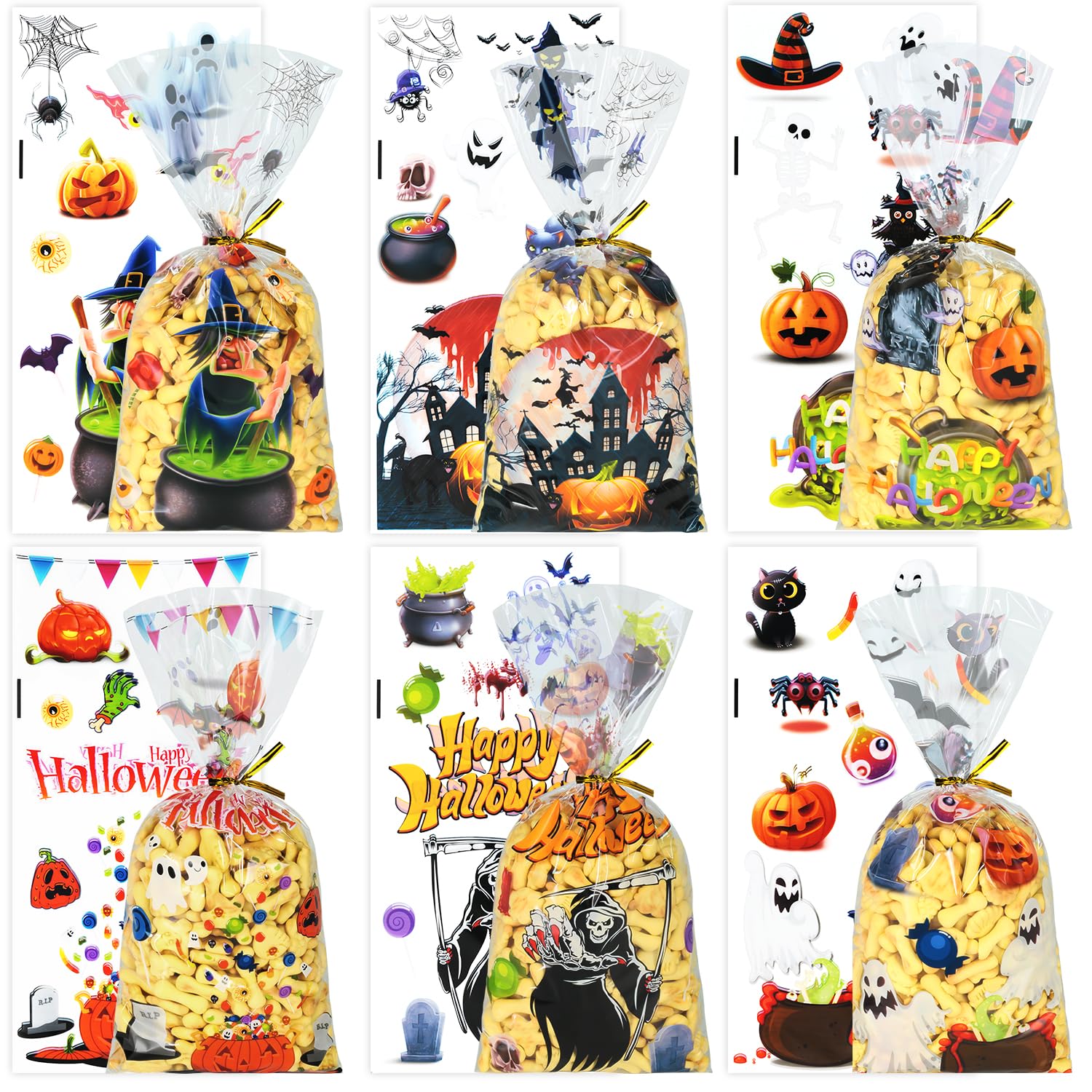 Lanfixilly Halloween Cellophane Treat Bags, 150 PCS Halloween Candy Bags, Halloween Treat Bags, 6 Styles Halloween Goodie Bags Gifts Bags with Twist Ties for Trick or Treat Party Favors Supplies