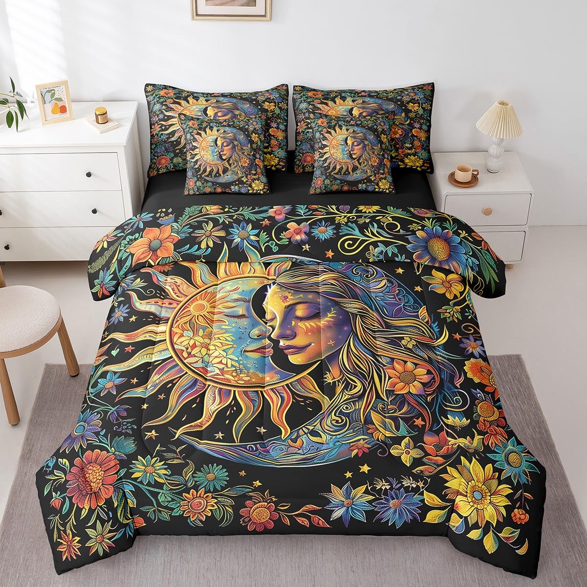 jejeloiu Sun Moon Queen Comforter Set with Sheets Boho Exotic 7 Pieces Bedding Set for Kids Boys Girls Teens Room Decor Floral Print Bohemian Bed in a Bag Queen Size Galaxy Bed Set