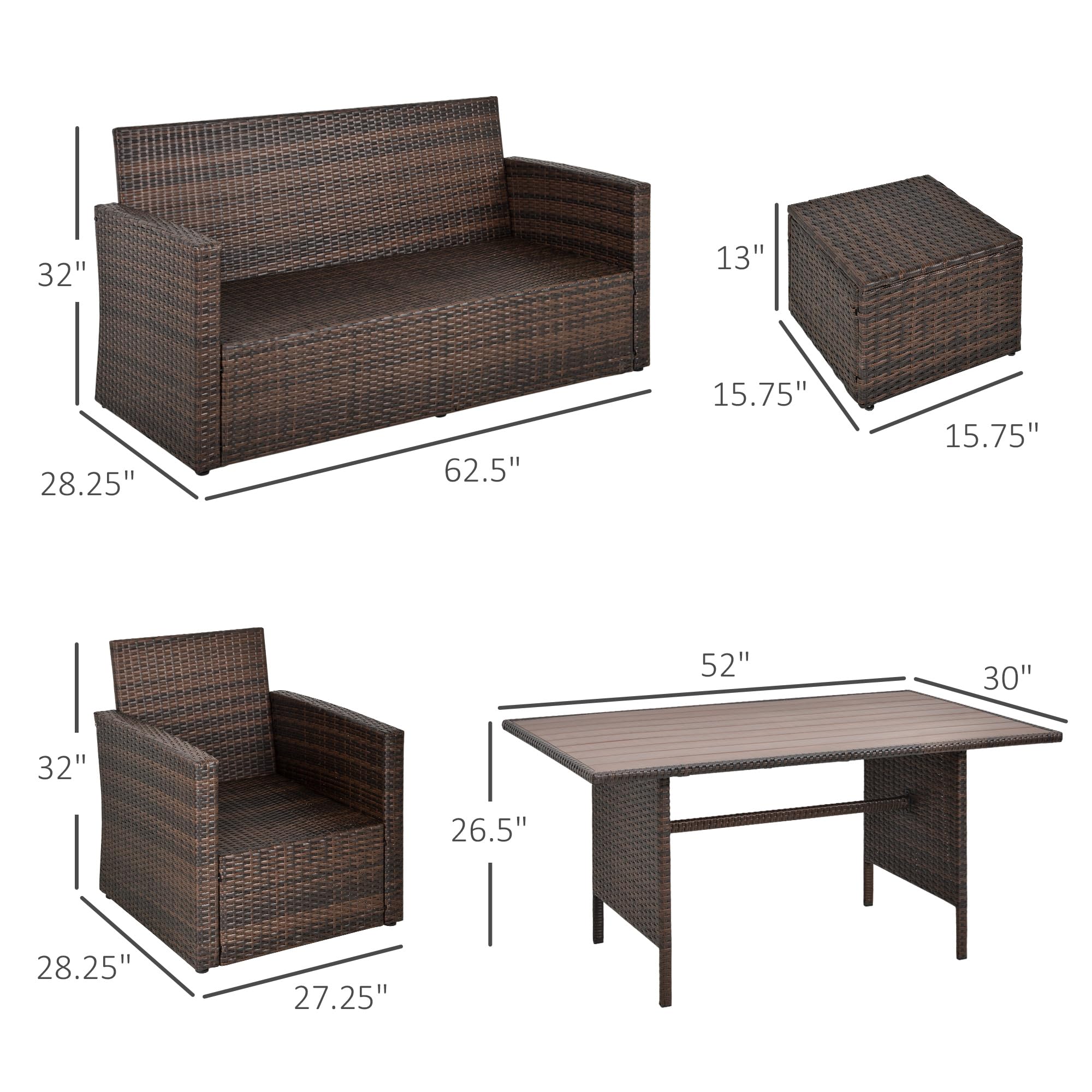 Outsunny 6 Piece Patio Dining Set, PE Rattan Furniture Set with 2 Chairs Cushions & Outdoor Three Seat Sofa, Woodgrain Slatted Dinner Table, Beige