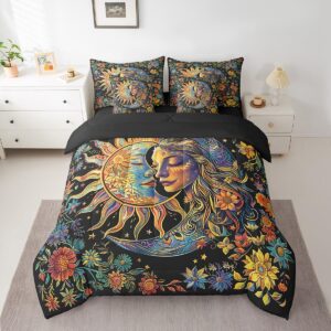 jejeloiu sun moon queen comforter set with sheets boho exotic 7 pieces bedding set for kids boys girls teens room decor floral print bohemian bed in a bag queen size galaxy bed set