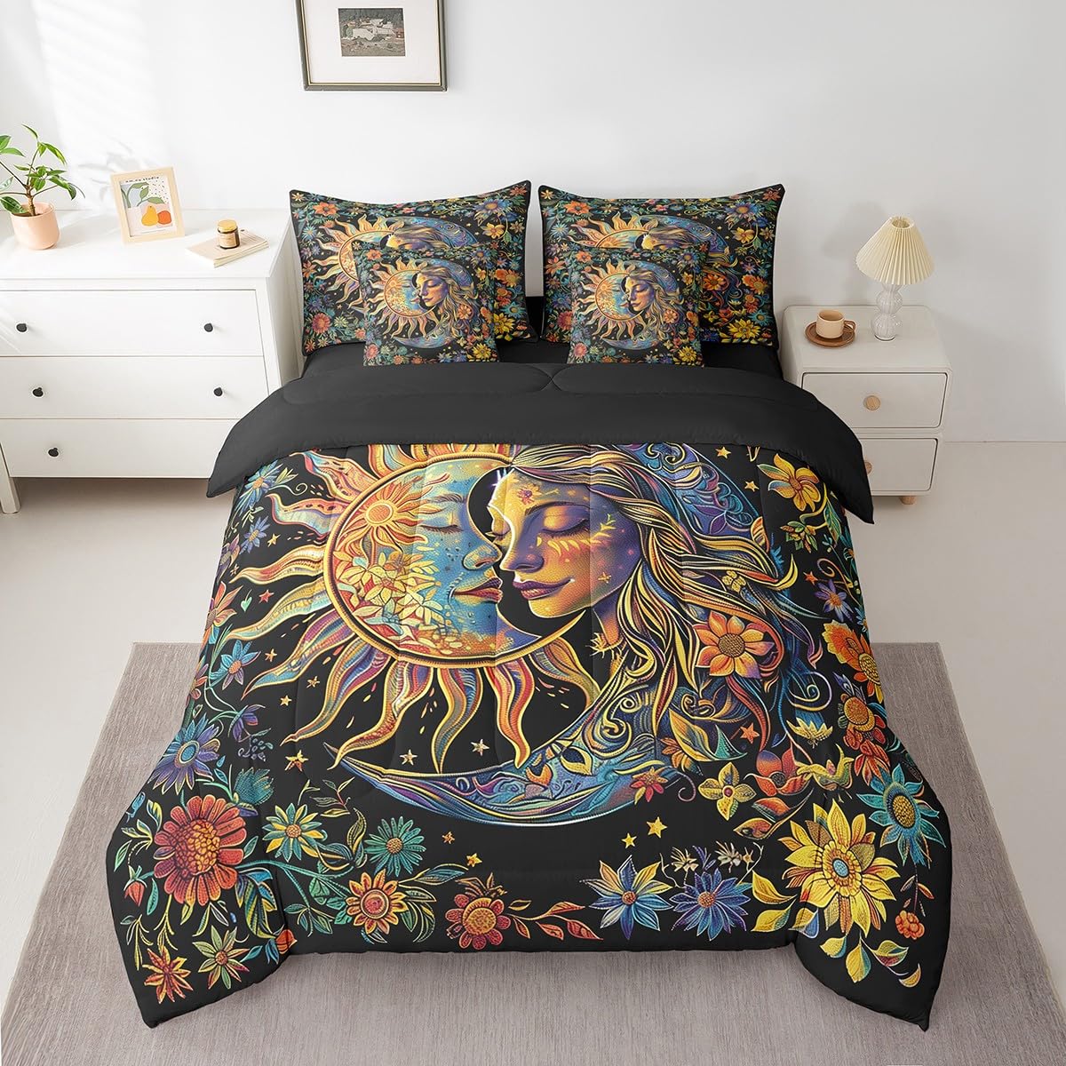 jejeloiu Sun Moon Queen Comforter Set with Sheets Boho Exotic 7 Pieces Bedding Set for Kids Boys Girls Teens Room Decor Floral Print Bohemian Bed in a Bag Queen Size Galaxy Bed Set