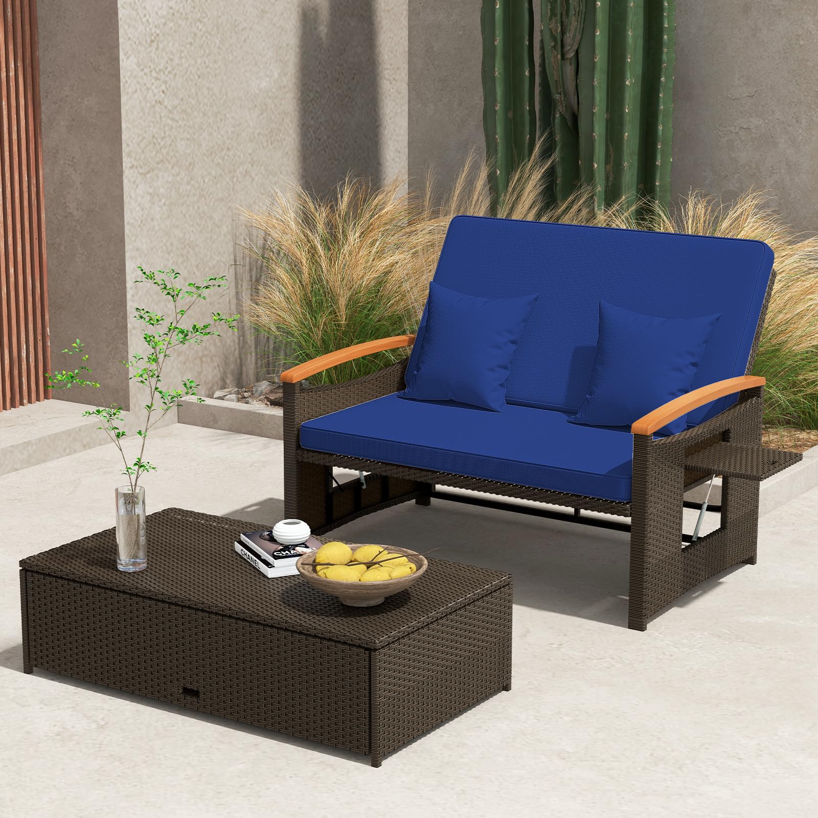 Moccha Outdoor Wicker Daybed, Patio Rattan Loveseat Sofa w/ 4-Level Adjustable Backrest, Folding Panels, Storage Ottoman & Cushions, Lounge Furniture Set for Poolside Backyard Porch (Navy)