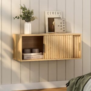 eyythung fluted wall cabinet with sliding doors, modern large floating nightstand storage shelf bedside tables for bedroom, study room natural oak