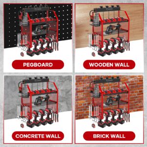 Saker Power Tool Organizer Wall Mount, Power Tool Organizer with Charging Station, 3-Layer, 8 Outlets, 4 Drill Holders, 3 Hooks, Drill Bit Rack, Screwdriver Rack for Garage, Workshop, Home