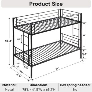 PVWIIK Twin Over Twin Metal Bunk Bed for Kids Boys Girls,Metal Structure Bedframe with Ladders & Guardrail,Convertible 2 Beds,No Spring Box Required,Black