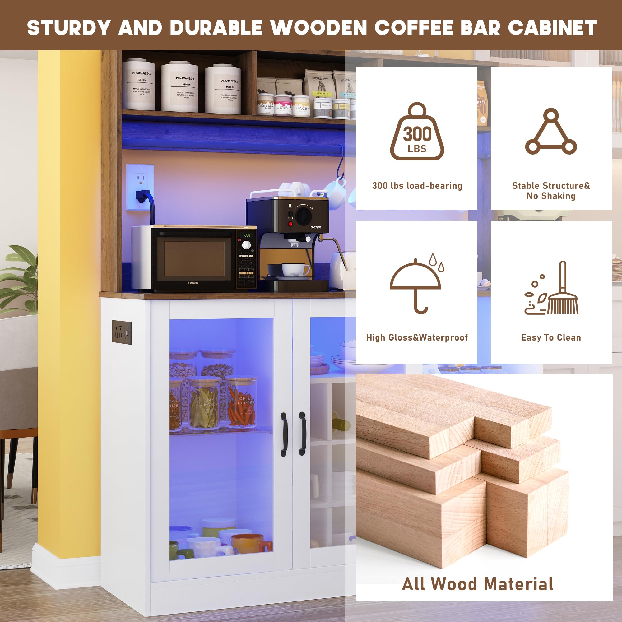 Vinctik 6&Fox Farmhouse LED Coffee Bar w/60000-color Lights,Power Outlet,7 Hooks,9Wink Racks,Adjustable Shelf for Tea Liquor Wine.Sliding Glass Door