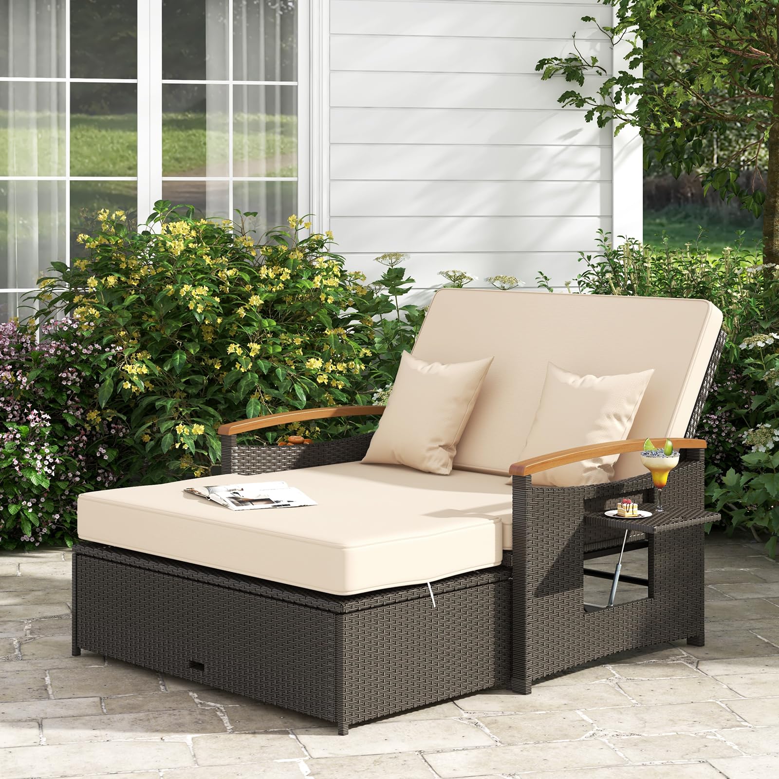 Moccha Outdoor Wicker Daybed, Patio Rattan Loveseat Sofa w/ 4-Level Adjustable Backrest, Folding Panels, Storage Ottoman & Cushions, Lounge Furniture Set for Poolside Backyard Porch (Beige)