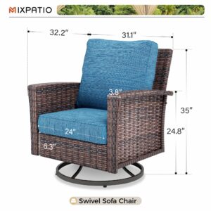 MIXPATIO Swivel Patio Wicker Chairs Set of 2, Outdoor Swivel Patio Rattan Chairs with High Back and 5.5" Thick Cushions for Bistro Balcony Porch Deck and Yard, Peacock Blue