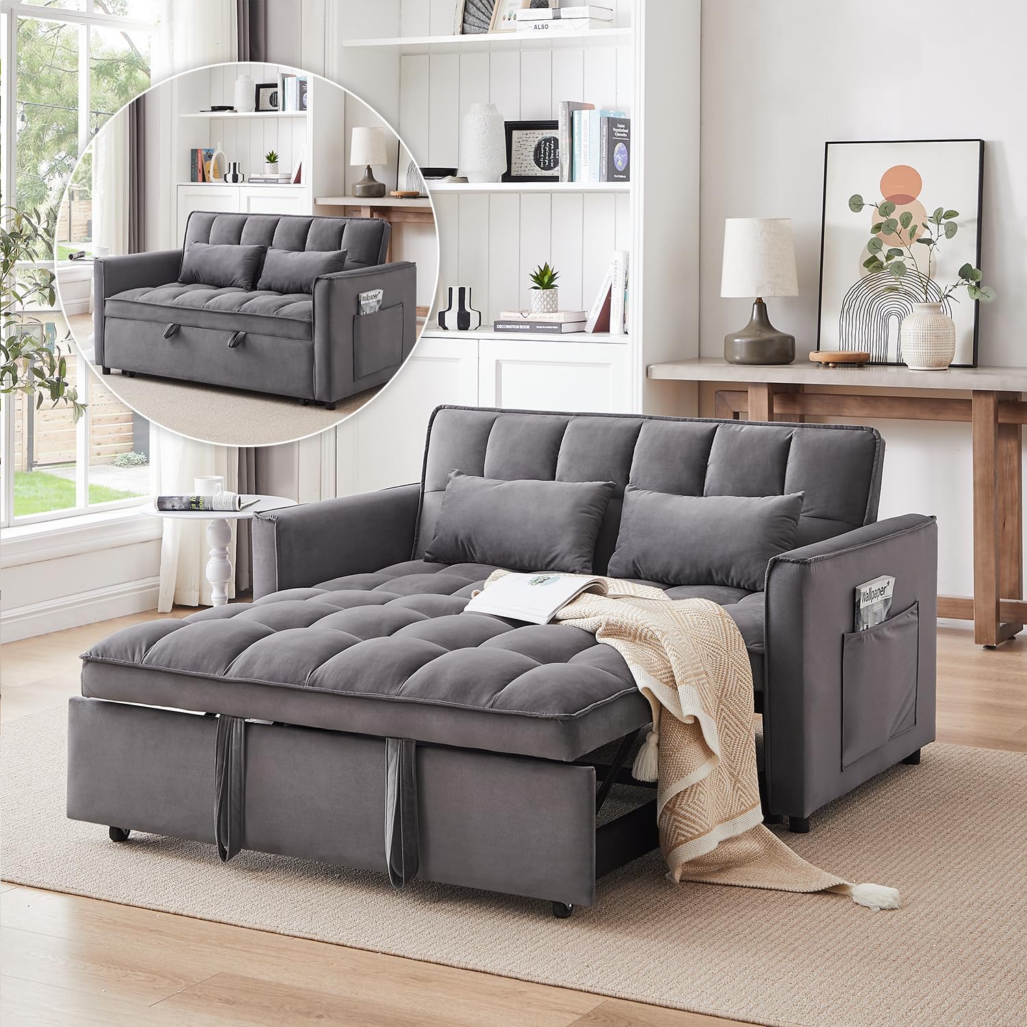 SPOWAY 3 in 1 Sleeper Sofa Couch Bed, Velvet Convertible Sofa Bed with Armrests, Storage Pockets & 2 Pillows, Modern Sofa Bed Couch for Living Room Apartment Bedroom Office, Dark Grey