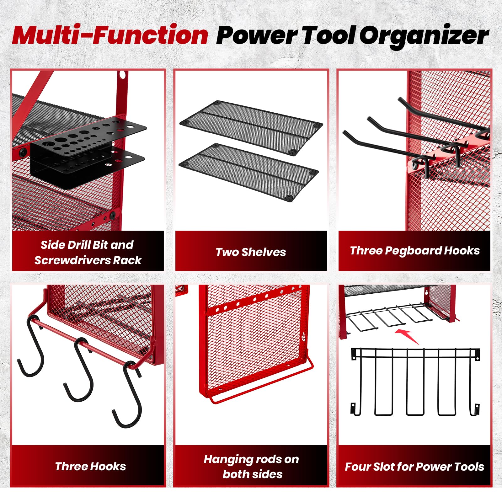 Saker Power Tool Organizer Wall Mount, Power Tool Organizer with Charging Station, 3-Layer, 8 Outlets, 4 Drill Holders, 3 Hooks, Drill Bit Rack, Screwdriver Rack for Garage, Workshop, Home