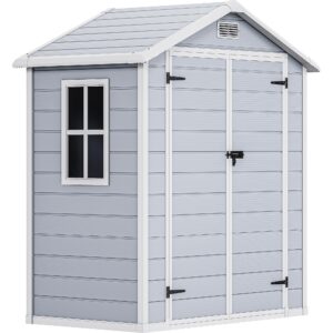 dwvo 6.2x3.4 ft resin storage shed with reinforced floor, outdoor storage shed with lockable door, window and vents, waterproof plastic tool storage for garden, backyard, patio, lawn