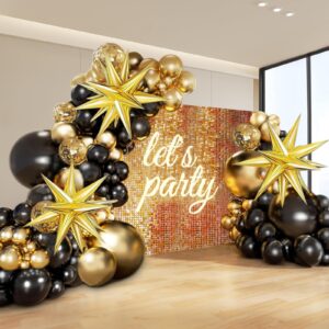 black and gold balloon arch kit with 3pcs starburst balloons, 5 10 12 18 inch black and gold garland balloons for graduation bachelor birthday retirement anniversary new year party decorations