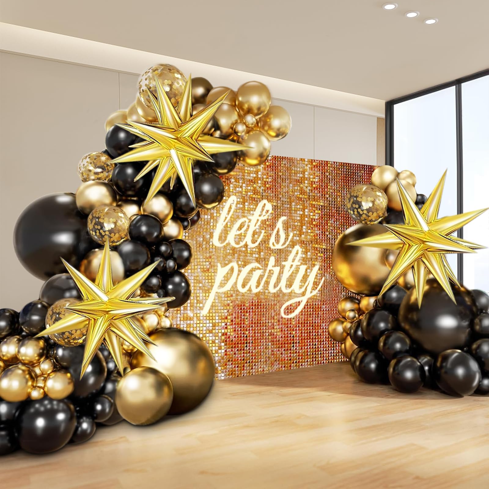 Black and Gold Balloon Arch Kit with 3pcs Starburst Balloons, 5 10 12 18 inch Black and Gold Garland Balloons for Graduation Bachelor Birthday Retirement Anniversary New Year Party Decorations