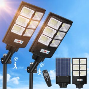 vuaa 2 pack solar street lights outdoor waterproof, 6500k 10000lm led solar lights for outside dusk to dawn, solar flood lighting with motion sensor and remote control for parking lot, garage