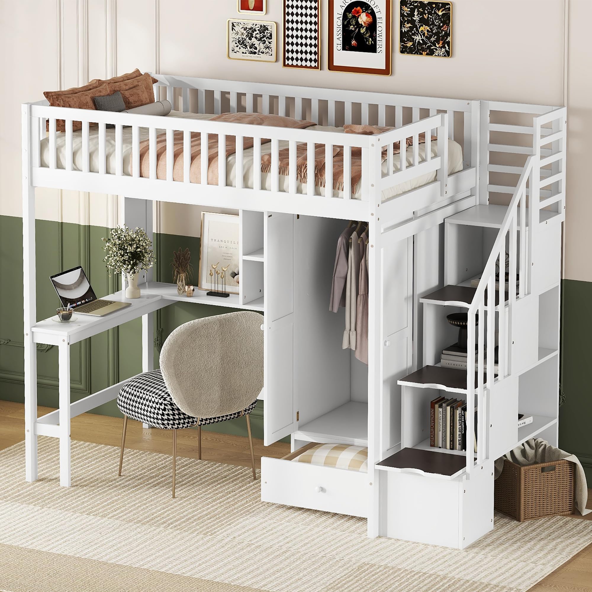 Bellemave Twin Size Loft Bed with Desk, Multifunctional Loft Beds Twin with Bookshelf,Stairs, Wardrobe and Drawer for Kids Boys Girls Bedroom, Solid Wood Loft Bed Frame with Storage,White