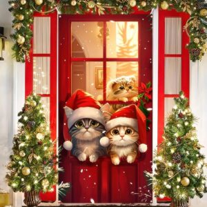 merry christmas door cover cute cat printed hanging door banner with white rope christmas photo booth background props for winter party holiday xmas eve porch house 71 x 35 inches