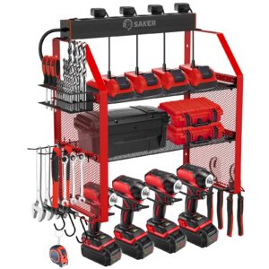 saker power tool organizer wall mount, power tool organizer with charging station, 3-layer, 8 outlets, 4 drill holders, 3 hooks, drill bit rack, screwdriver rack for garage, workshop, home