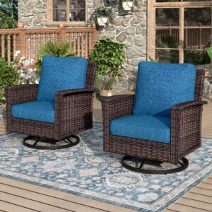 MIXPATIO Swivel Patio Wicker Chairs Set of 2, Outdoor Swivel Patio Rattan Chairs with High Back and 5.5" Thick Cushions for Bistro Balcony Porch Deck and Yard, Peacock Blue