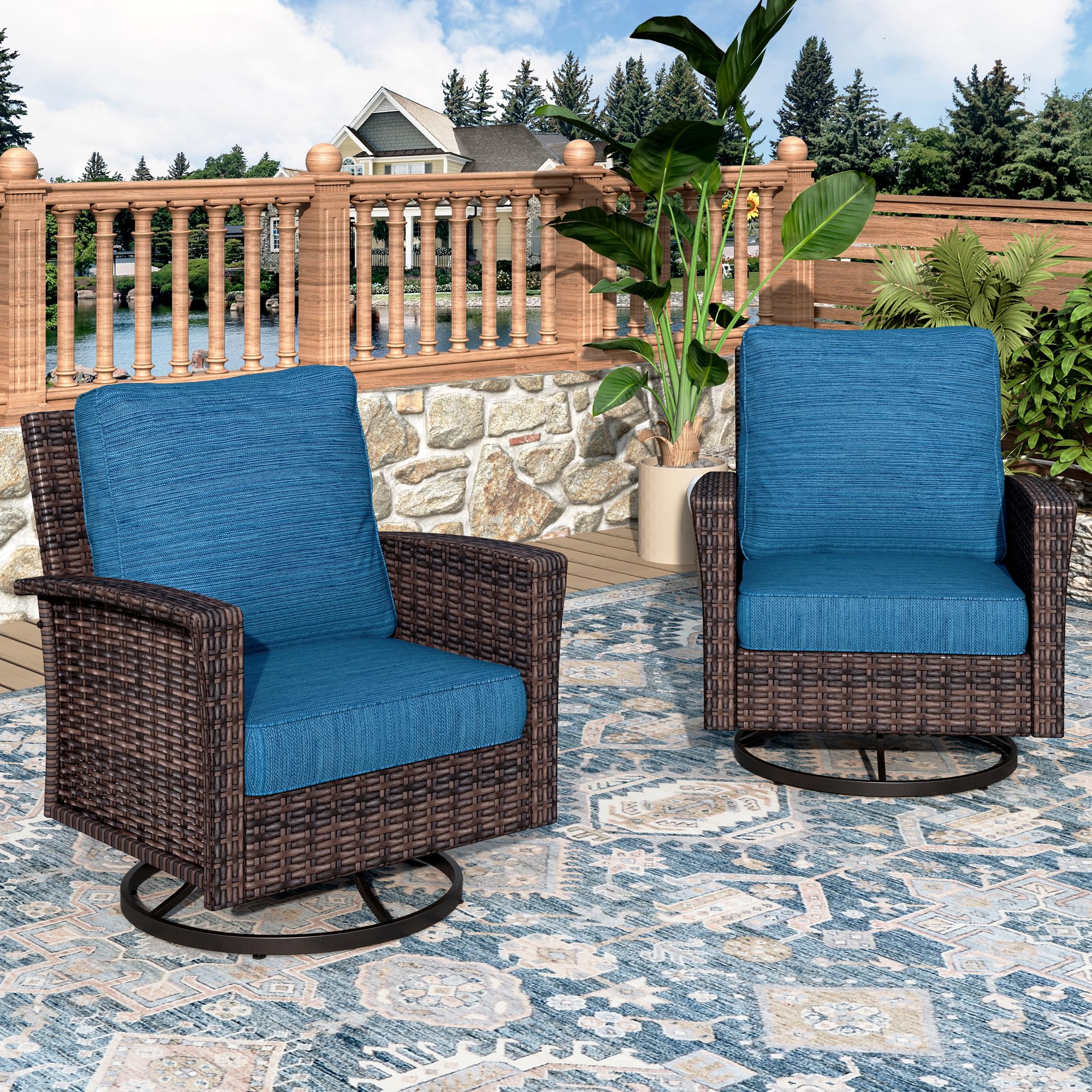 MIXPATIO Swivel Patio Wicker Chairs Set of 2, Outdoor Swivel Patio Rattan Chairs with High Back and 5.5" Thick Cushions for Bistro Balcony Porch Deck and Yard, Peacock Blue