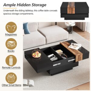 Bellemave Square Coffee Table High Gloss Center Table with Sliding Tabletop, Multi-Storage Sofa Table Extendable Cocktail Table with Hidden Storage Compartment for Living Room (Black)