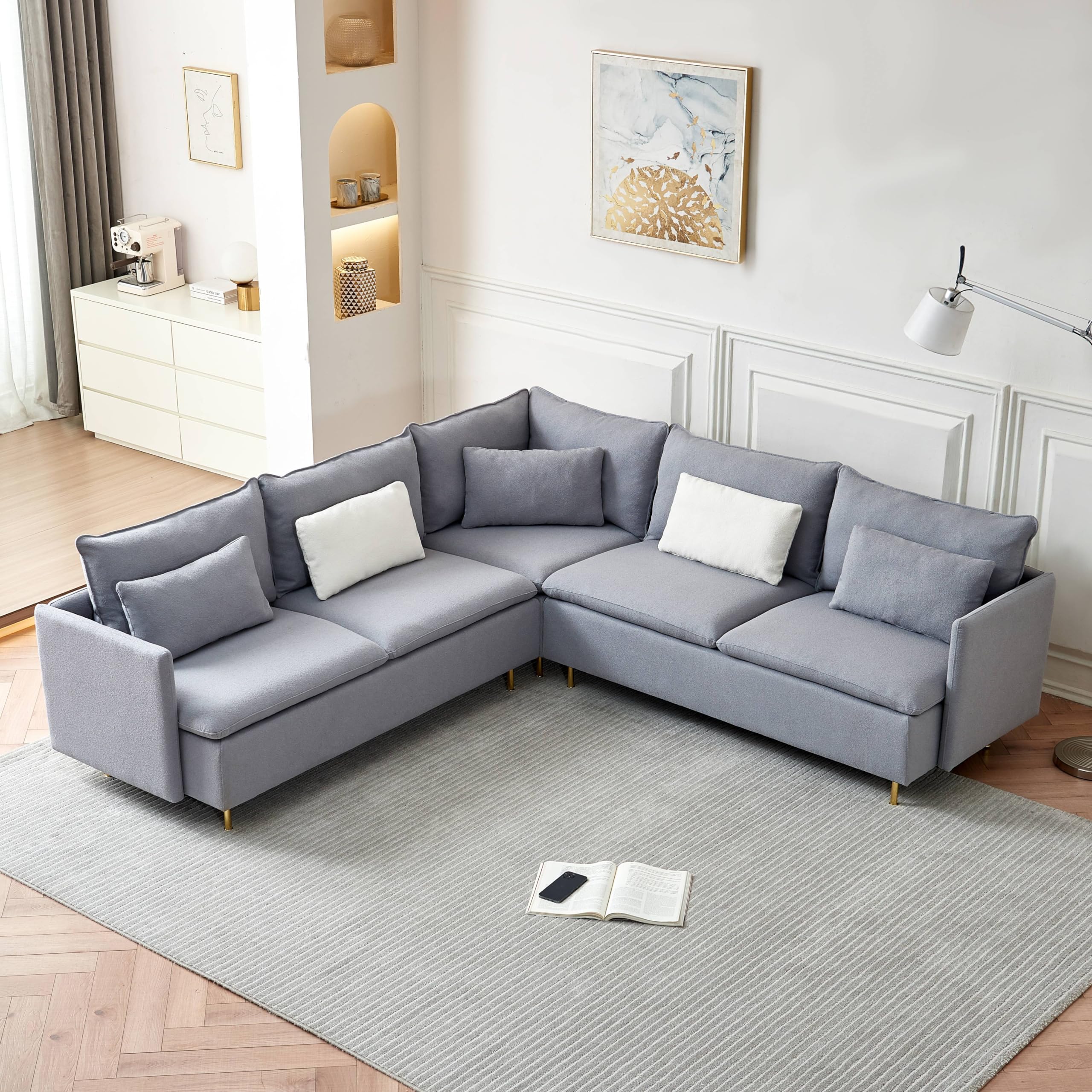 L Shaped Sectional Sofa Couch 5 Seater Living Room Corner Sofa Set , Modern Modular Sectional Sofa Couch ,Comfy Upholstered Sofa Couch ,Teddy Fabric with Deep Seater,Gold Leg,5Pillows Include (Grey)