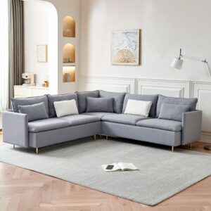 l shaped sectional sofa couch 5 seater living room corner sofa set , modern modular sectional sofa couch ,comfy upholstered sofa couch ,teddy fabric with deep seater,gold leg,5pillows include (grey)