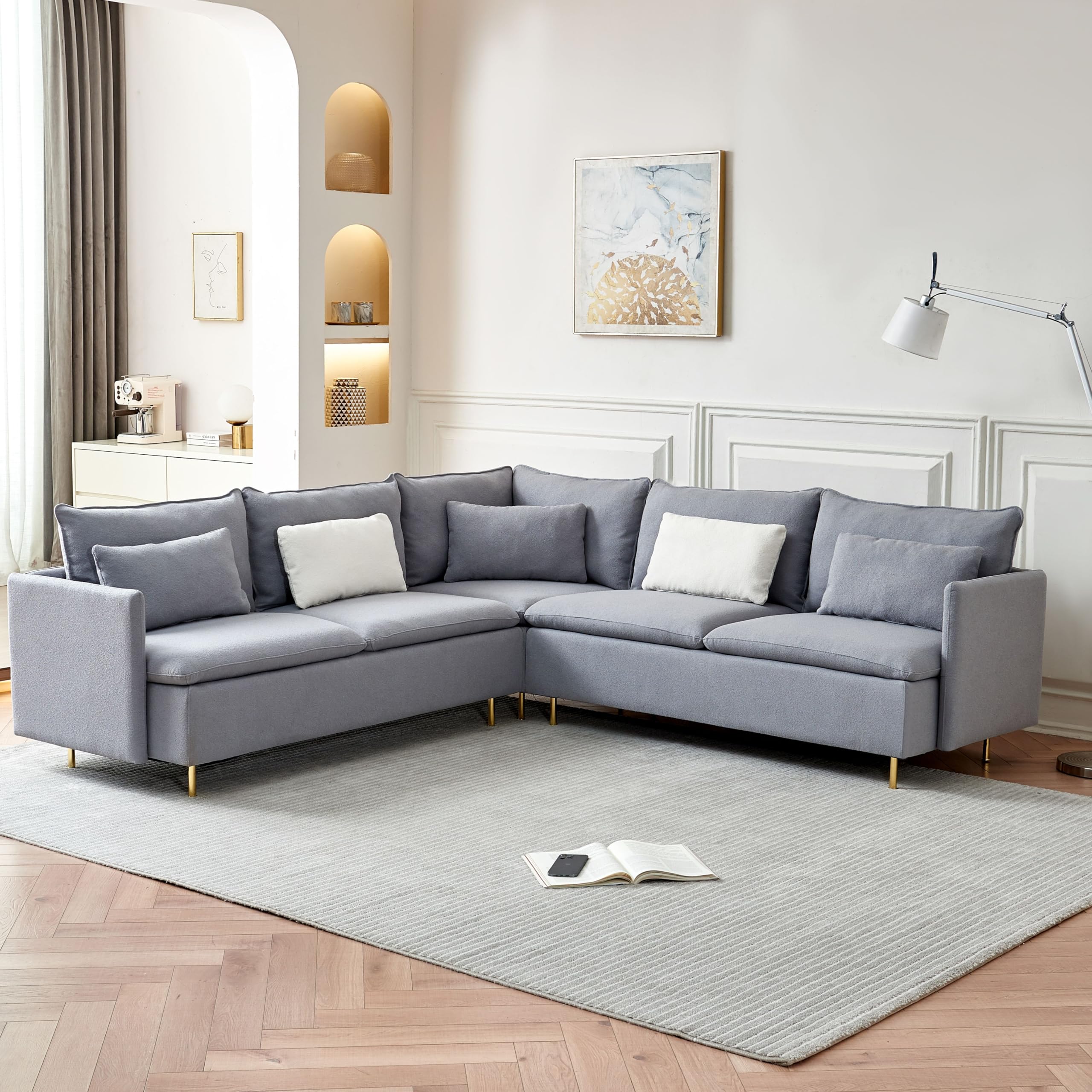 L Shaped Sectional Sofa Couch 5 Seater Living Room Corner Sofa Set , Modern Modular Sectional Sofa Couch ,Comfy Upholstered Sofa Couch ,Teddy Fabric with Deep Seater,Gold Leg,5Pillows Include (Grey)