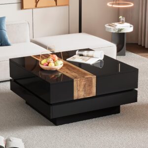 bellemave square coffee table high gloss center table with sliding tabletop, multi-storage sofa table extendable cocktail table with hidden storage compartment for living room (black)