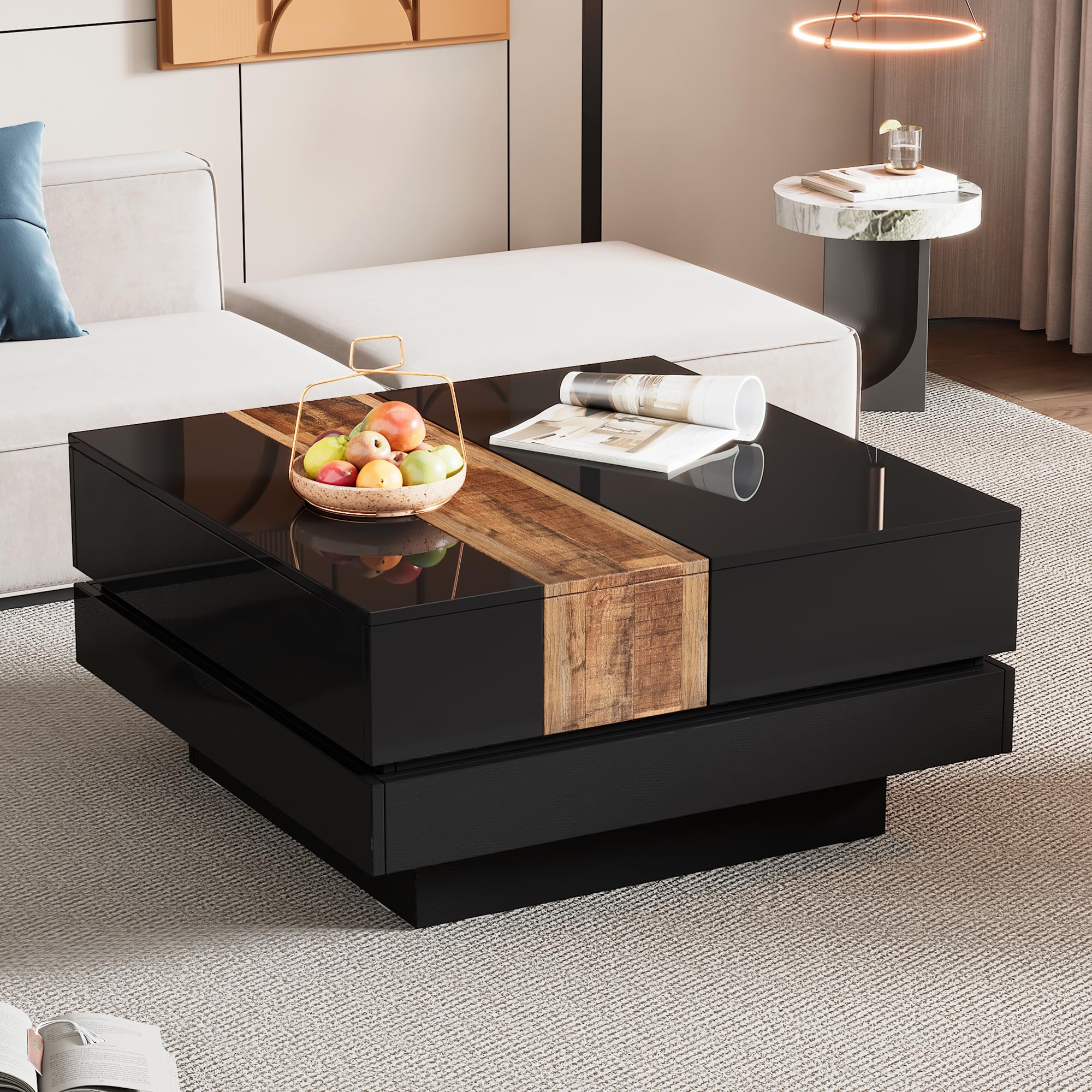 Bellemave Square Coffee Table High Gloss Center Table with Sliding Tabletop, Multi-Storage Sofa Table Extendable Cocktail Table with Hidden Storage Compartment for Living Room (Black)