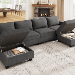 Nolany Corduroy Sectional Couch with Storage Ottoman, U Shape Sectional Sofa with Storage Chaise, Modular Sectional Couches for Living Room, Dark Grey