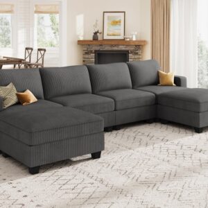 Nolany Corduroy Sectional Couch with Storage Ottoman, U Shape Sectional Sofa with Storage Chaise, Modular Sectional Couches for Living Room, Dark Grey