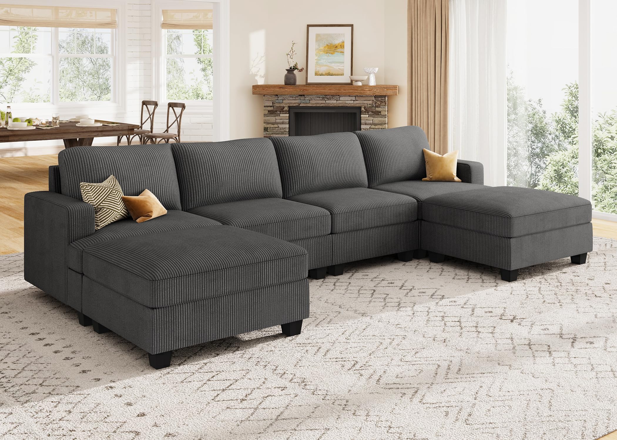 Nolany Corduroy Sectional Couch with Storage Ottoman, U Shape Sectional Sofa with Storage Chaise, Modular Sectional Couches for Living Room, Dark Grey