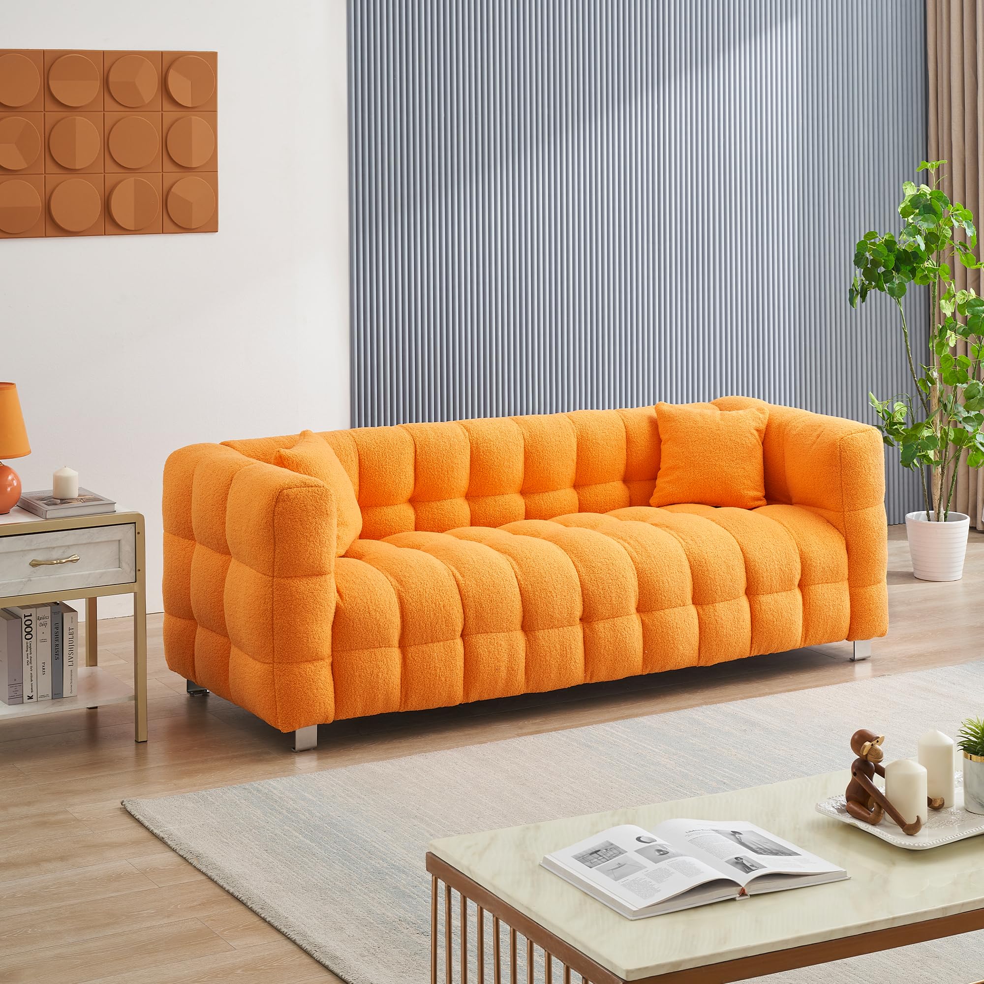 Dolonm Modern Sofa Couch with Metal Legs Upholstered Tufted 3 Seater Couch with 2 Pillows Decor Furniture for Living Room, Bedroom, Office, 80 Inch Wide(Orange-Teddy)