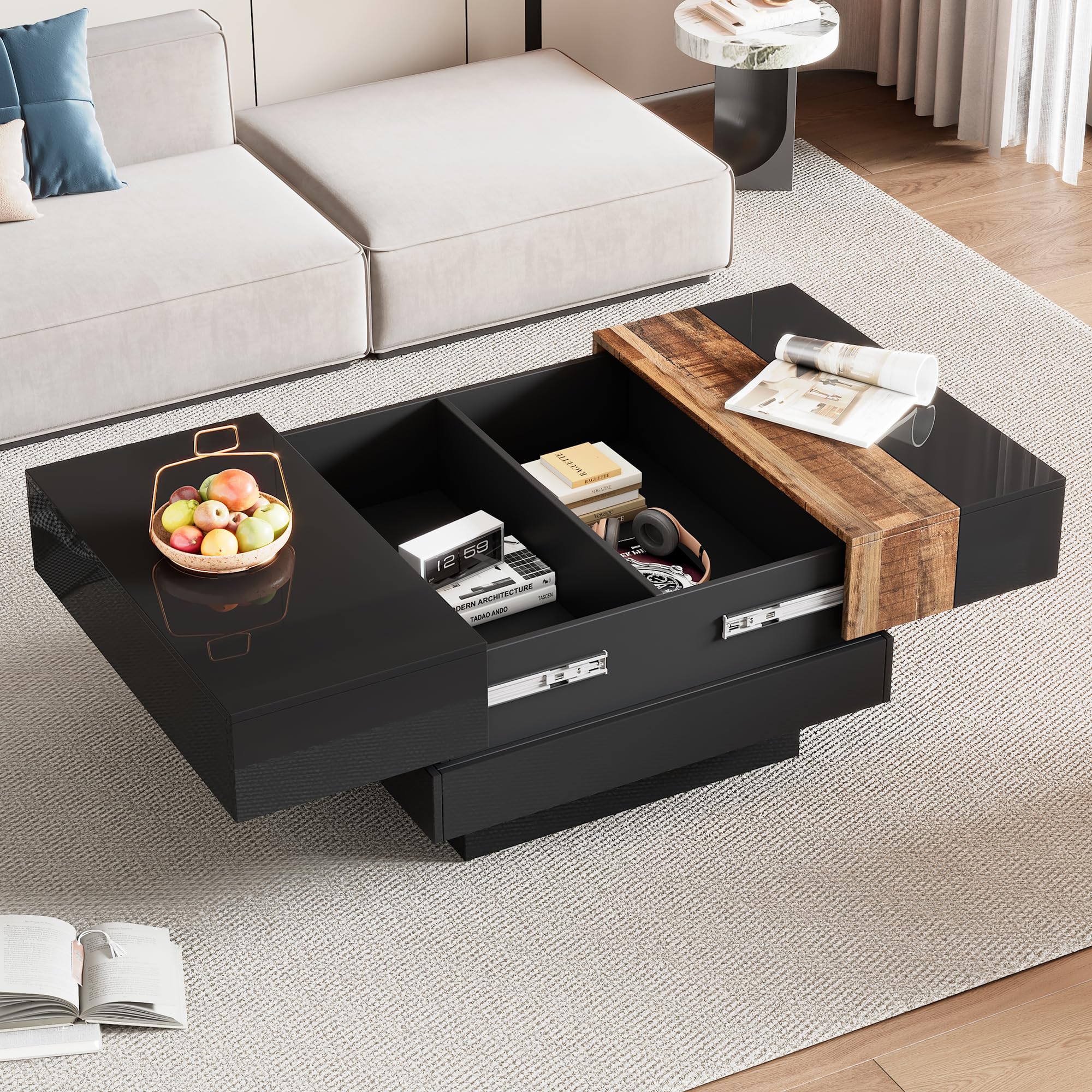 Bellemave Square Coffee Table High Gloss Center Table with Sliding Tabletop, Multi-Storage Sofa Table Extendable Cocktail Table with Hidden Storage Compartment for Living Room (Black)