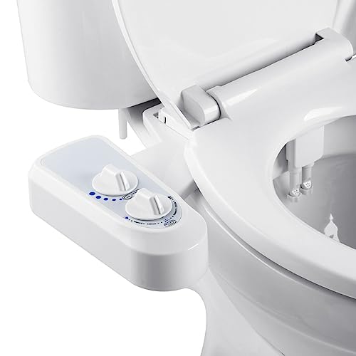 Bidet Toilet Seat Attachment, Self - Cleaning Nozzle, Dual Nozzle Adjustable Water Pressure Cold Water Toilet Bidet Nozzle Non Electric (9/16)