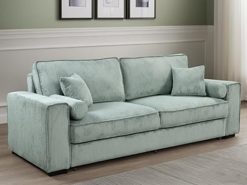 ZIGHTH 91-Inch Corduroy Queen Size Sleeper Sofa Bed with Storage, Convertible Sleeper Couch with Pull Out Bed and 4 Pillows, Hide a Bed Couches for Bedroom, Living Room, Small Places (Gray Green)