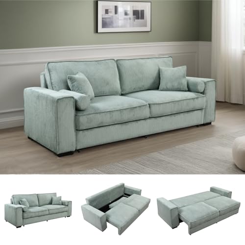 ZIGHTH 91-Inch Corduroy Queen Size Sleeper Sofa Bed with Storage, Convertible Sleeper Couch with Pull Out Bed and 4 Pillows, Hide a Bed Couches for Bedroom, Living Room, Small Places (Gray Green)